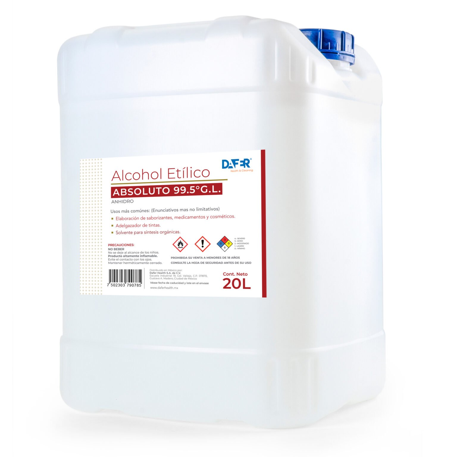 Alcohol etílico absoluto 99.5° G.L. 20 Litros | Dafer Health